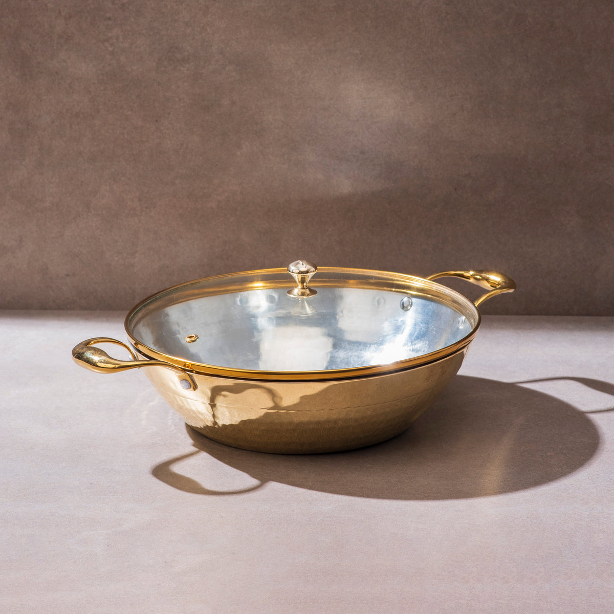 Brass Flat Base Wok with Glass lid - Kadhai (Deep & flat bottom cookin ...